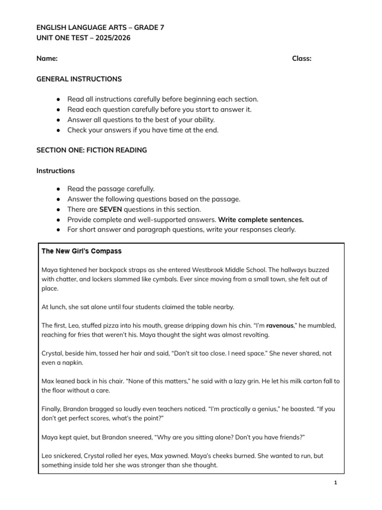 Grade 7 ELA Unit One Test Answers | PDF