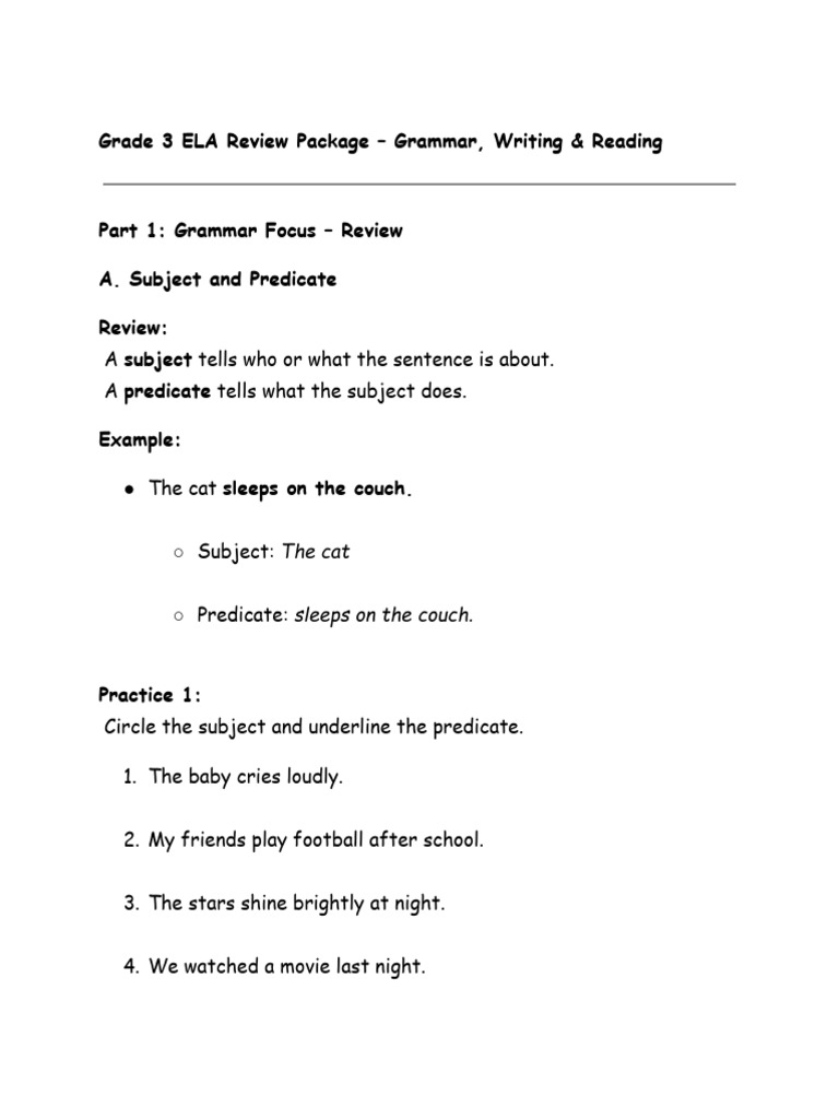 Grade 3 ELA Review Package - Grammar, Writing & Reading | PDF | Subject ...