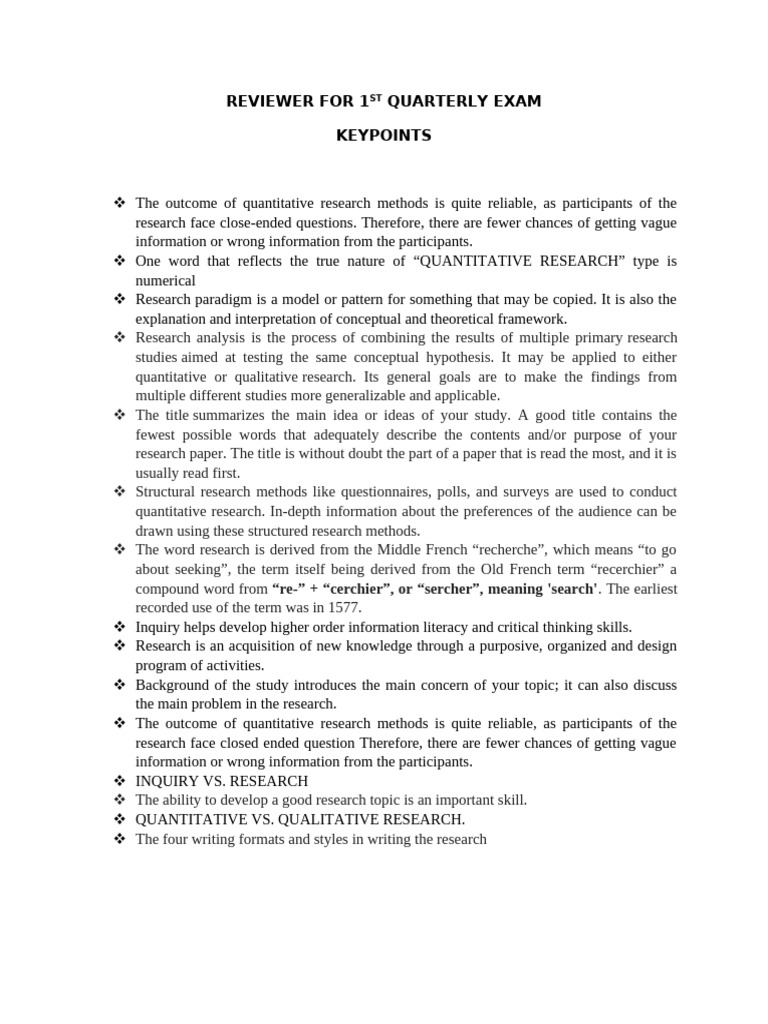 Reviewer For 1st Quarterly Exam | PDF | Methodology | Quantitative Research
