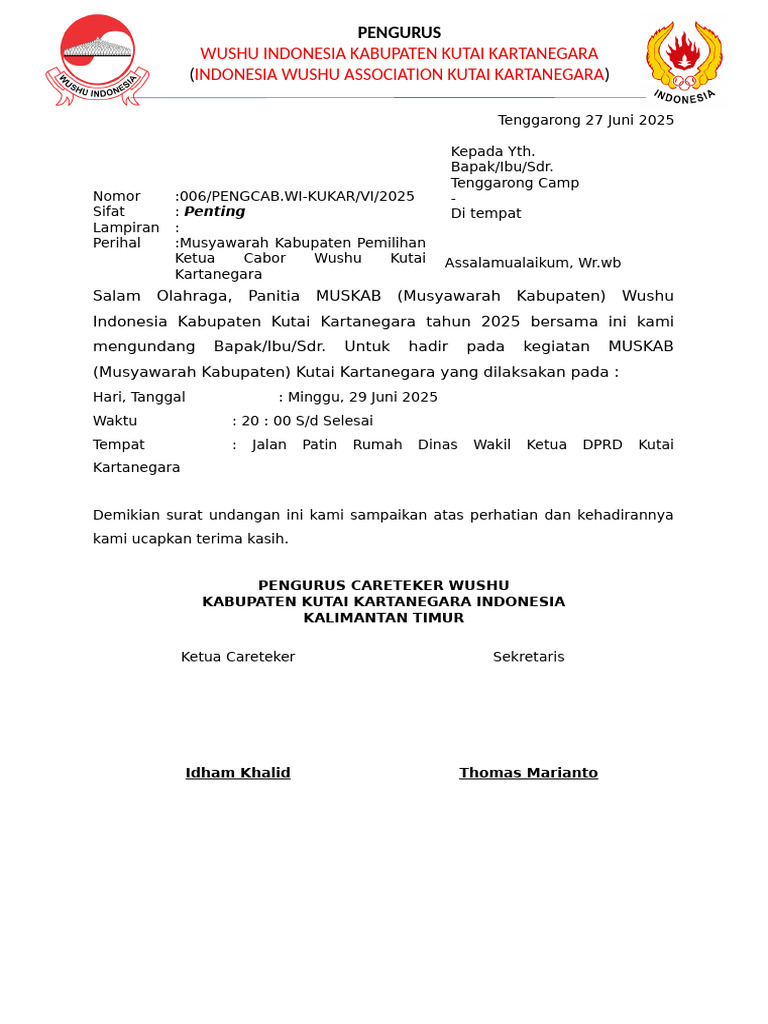 Undangan MUSKAB Wushu Kutai Kartanegara | PDF