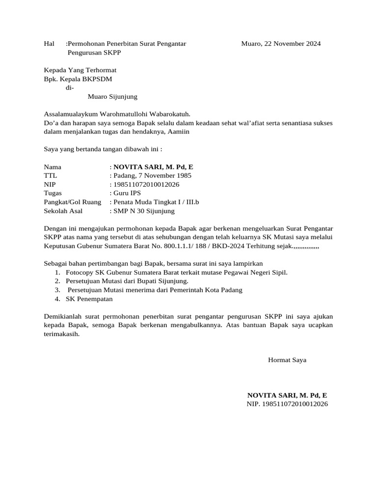 Permohonan Surat Pengantar SKPP Novita Sari | PDF