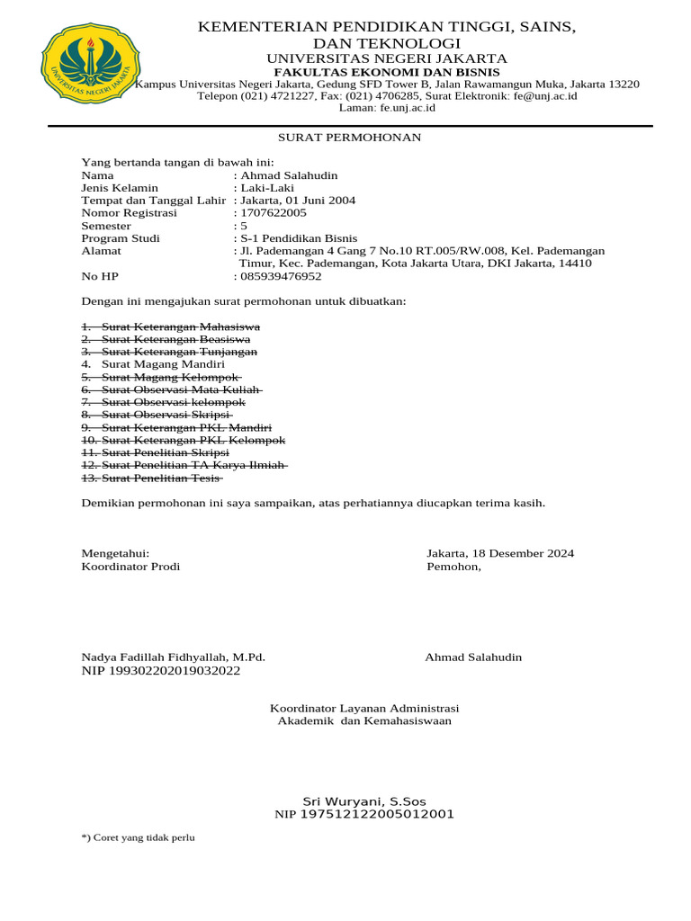 Ahmad Salahudin - Surat Permohonan Magang Mandiri | PDF