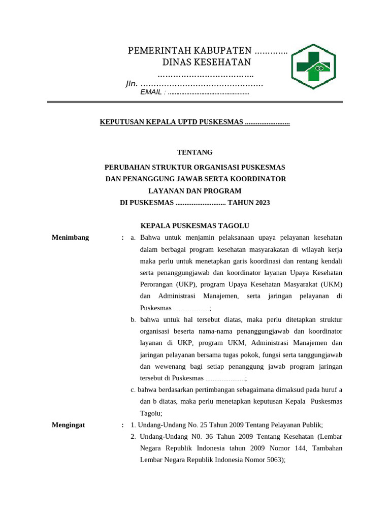 SK Perubahan Struktur Organisasi Puskesmas | PDF