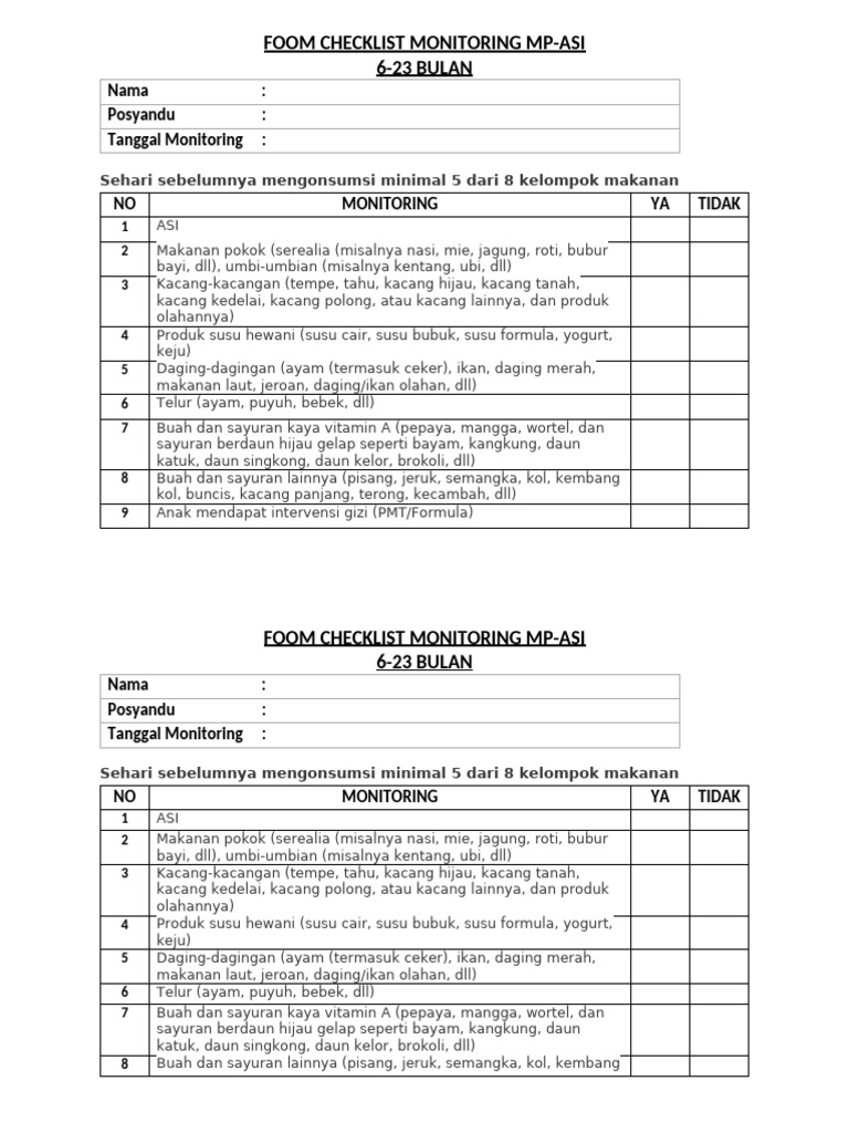 Checklist MP-ASI 6-23 Bulan | PDF