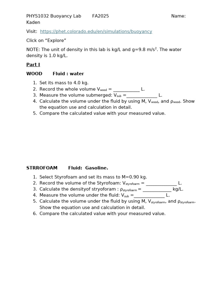 (7B) PHYS1032 Buoyancy Lab - Fa2025 | PDF | Density | Buoyancy