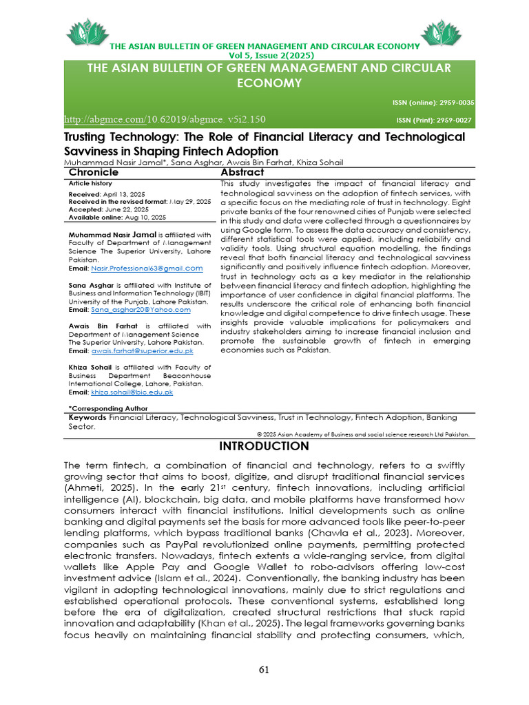 Fintech Adoption: Trust, Literacy, Savviness | PDF | Financial ...