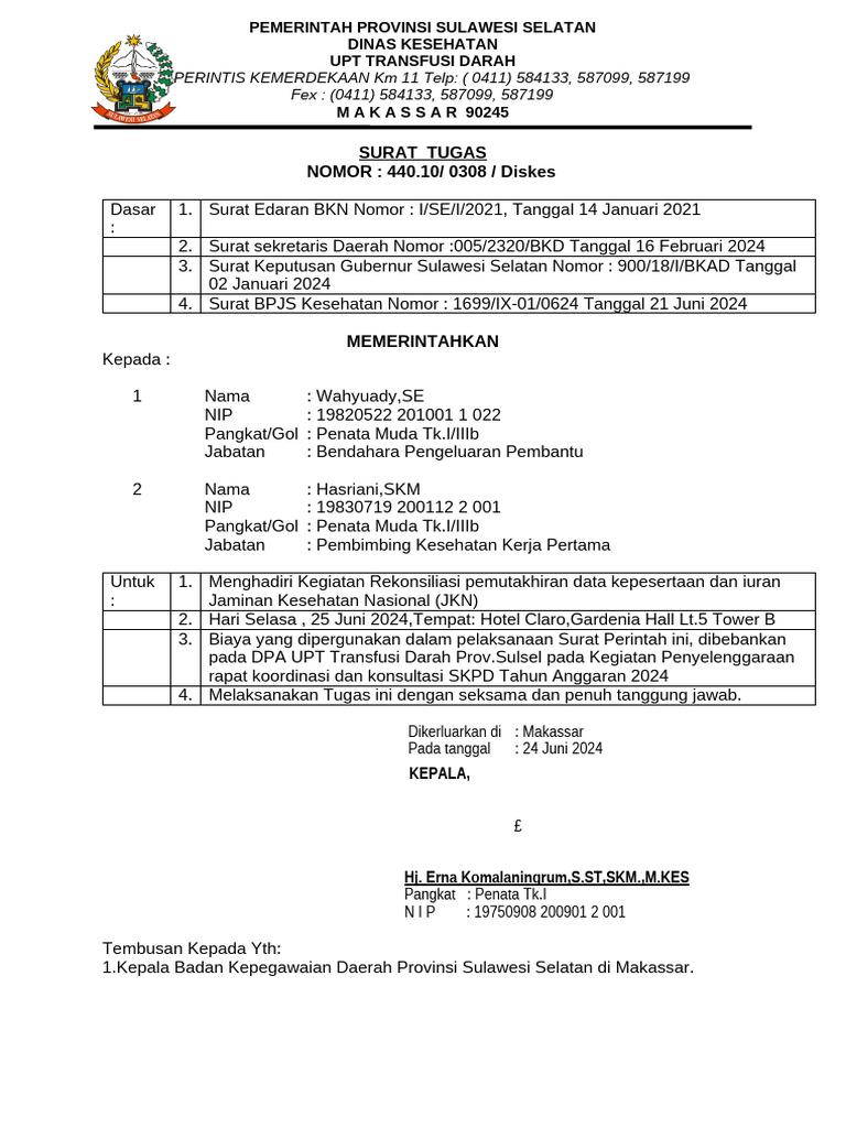 Surat Tugas Rekonsiliasi JKN Sulsel | PDF