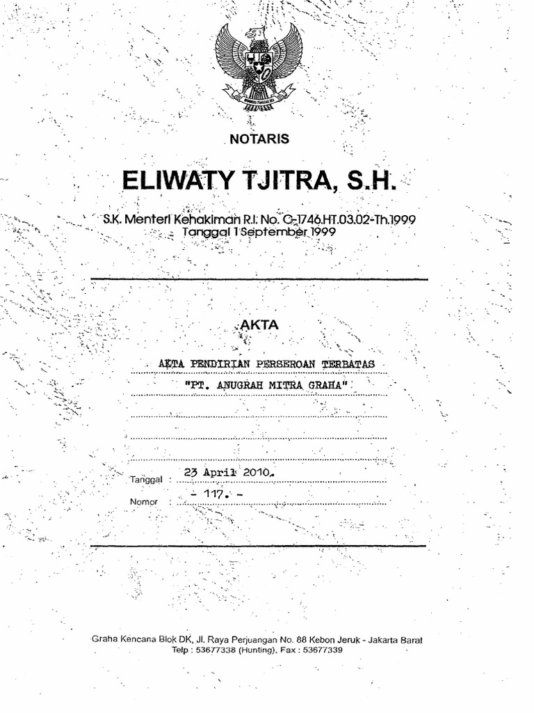 Akta Pendirian PT. AMG No. 117 TGL 23 April 2010 + SK Menkeh | PDF