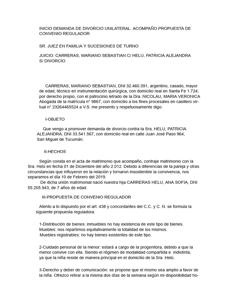 Inicio Demanda de Divorcio Unilateral | PDF | Divorcio | Psicología Social