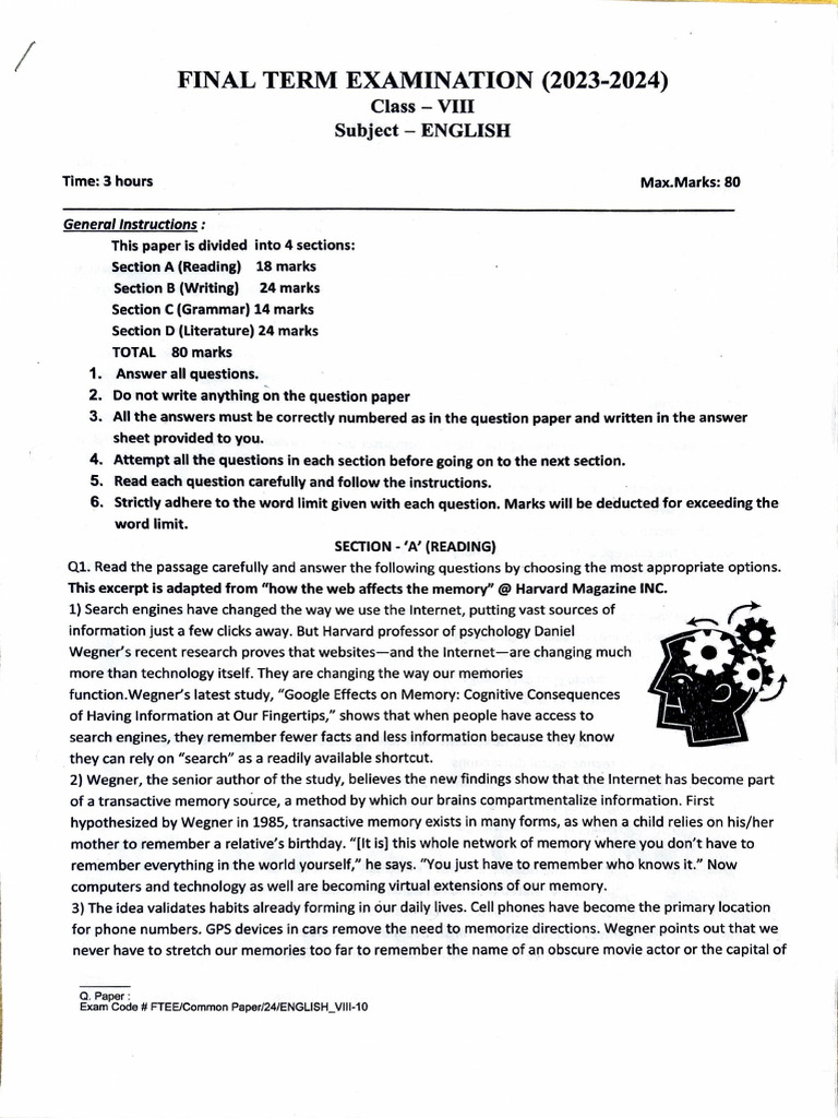 Grade 8 - Final Term - Sample Paper | PDF | Memory | Cognition