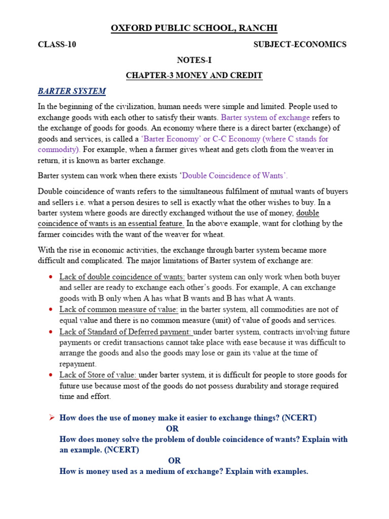 Money and Credit, Notes-1 | PDF | Money | Barter