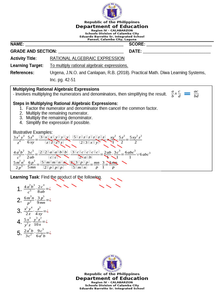 LAS-Multiplying Rational Algebraic Expression | PDF | Chess | Chess Theory