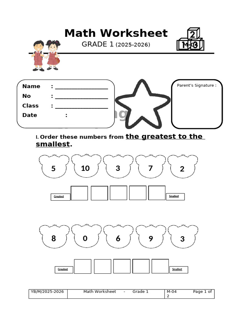Grade 1 Number Ordering Worksheet | PDF
