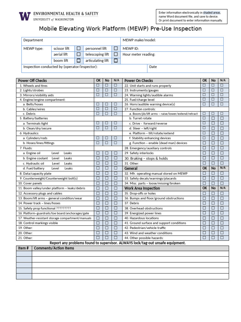 Mewp Pre Use Inspection Checklist | PDF | Vehicles | Vehicle Technology