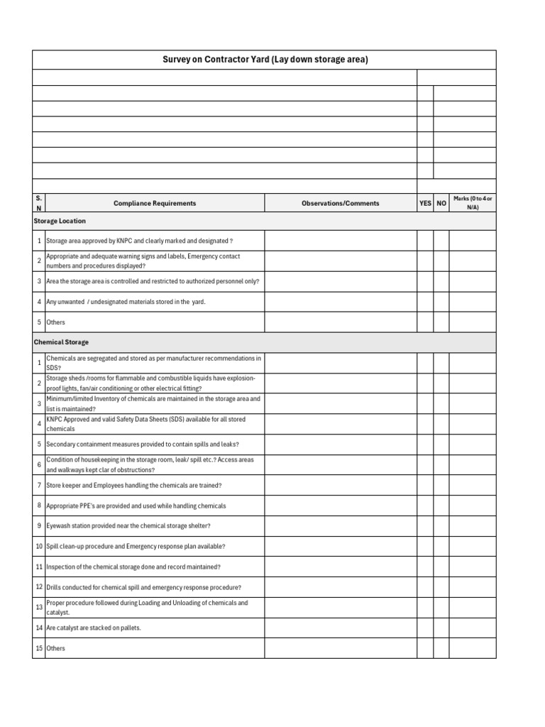 Contractor Yard Laydown Storage Area Inpsection Checklist | PDF ...