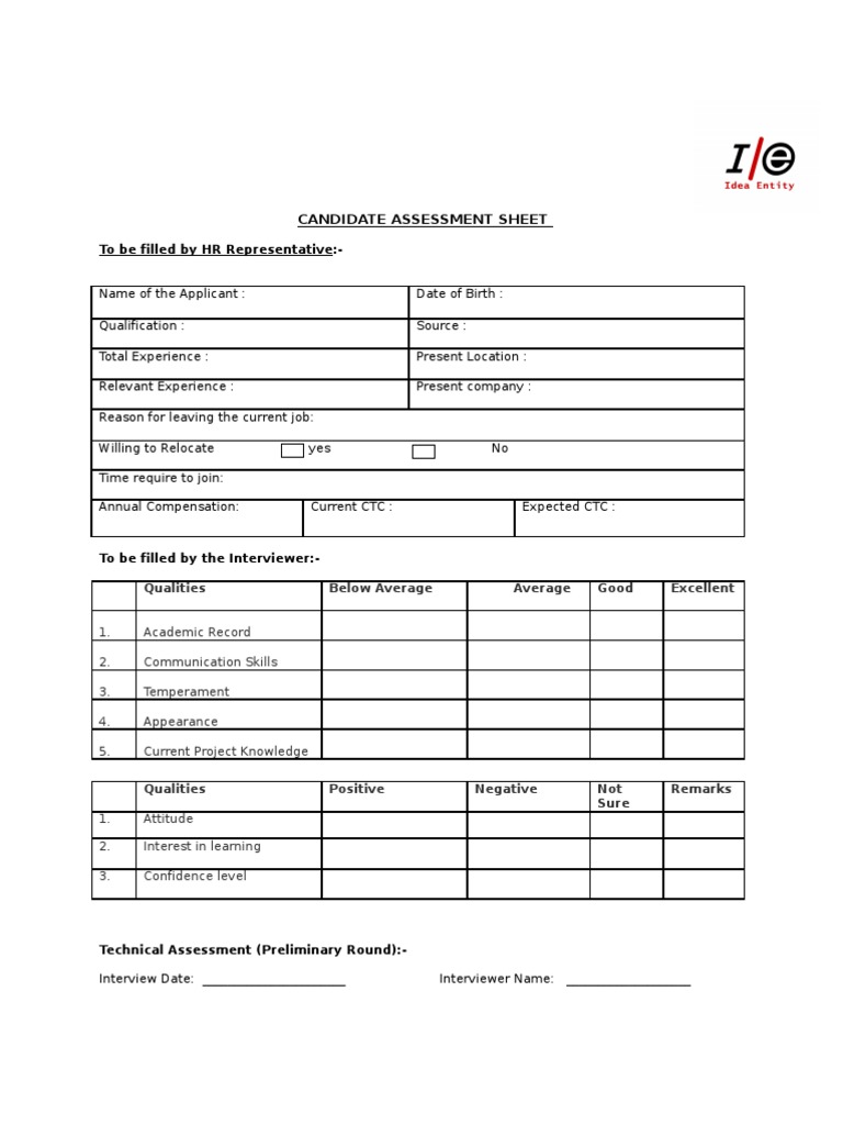 Candidate Assessment Sheet | PDF