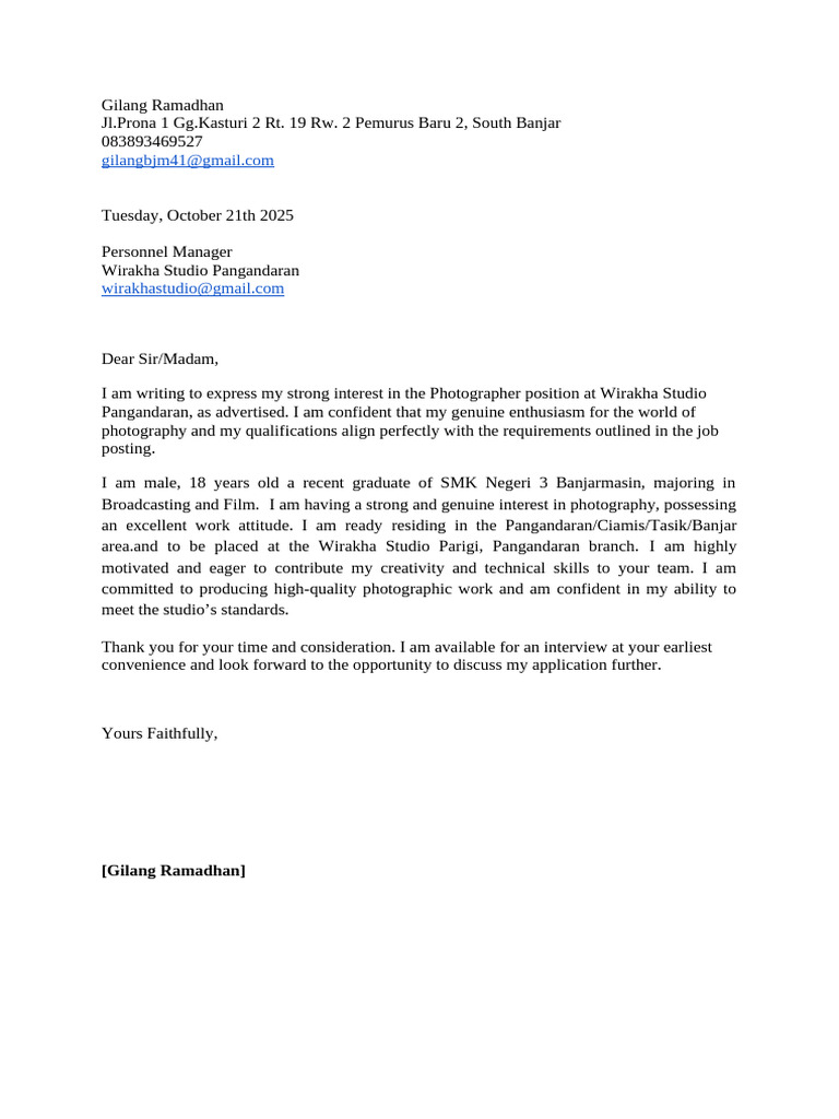 Draft Application Letter Gilang Fiz | PDF