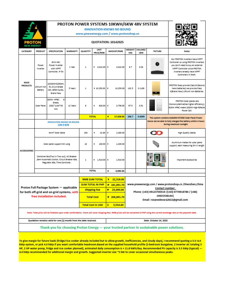 Proton Power System Quotation 10kWh | PDF | Solar Panel | Power Inverter