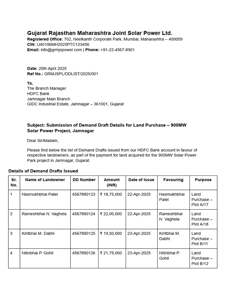 Submission of Demand Draft Details For Land Purchase - 900MW Solar ...