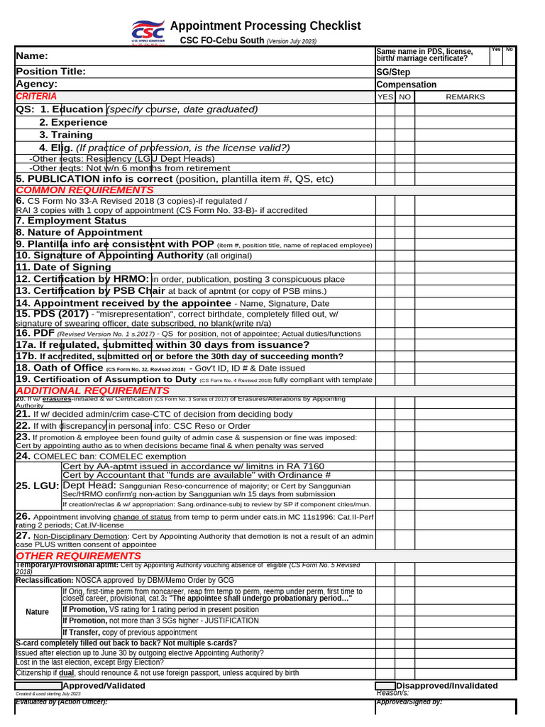 CSC Appointment Processing Checklist | PDF | Government