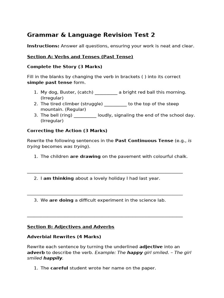 End of Year Grammar & Language Revision Test 2 | PDF | Adverb | Languages