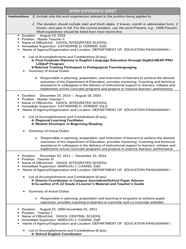 Work Experience for Master Teacher Position | PDF | Mentorship | Curriculum