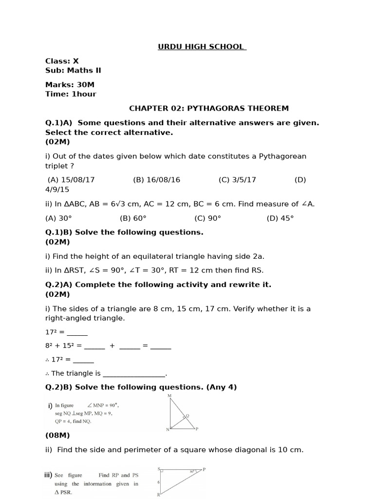 Class X Geometry Pythagoras Theorem Question Paper 25-26 | PDF