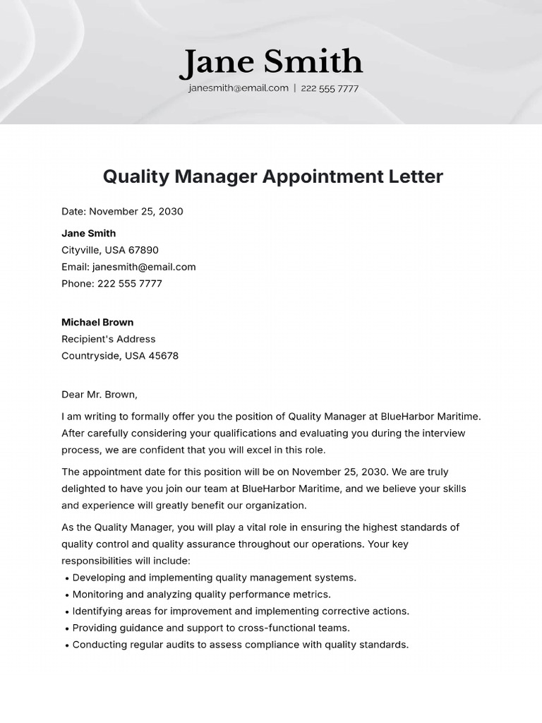 Quality Manager Appointment Letter Template | PDF