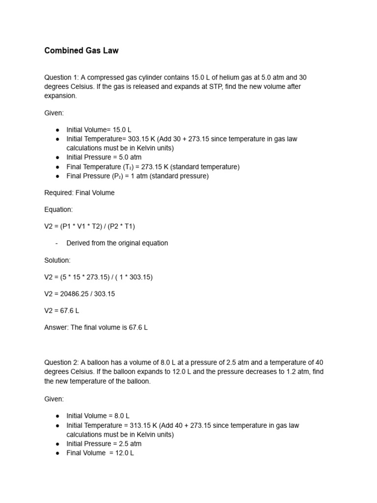 Combined Gas Law Calculations Explained | PDF