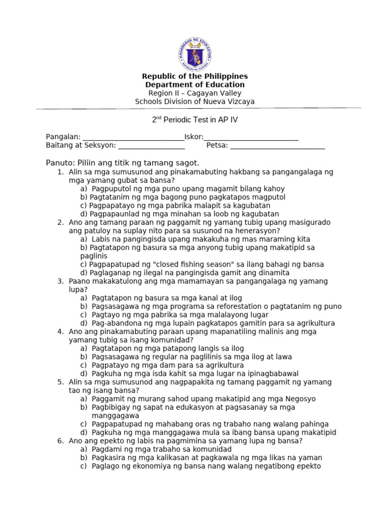 2nd Periodic Test Grade 4 AP | PDF