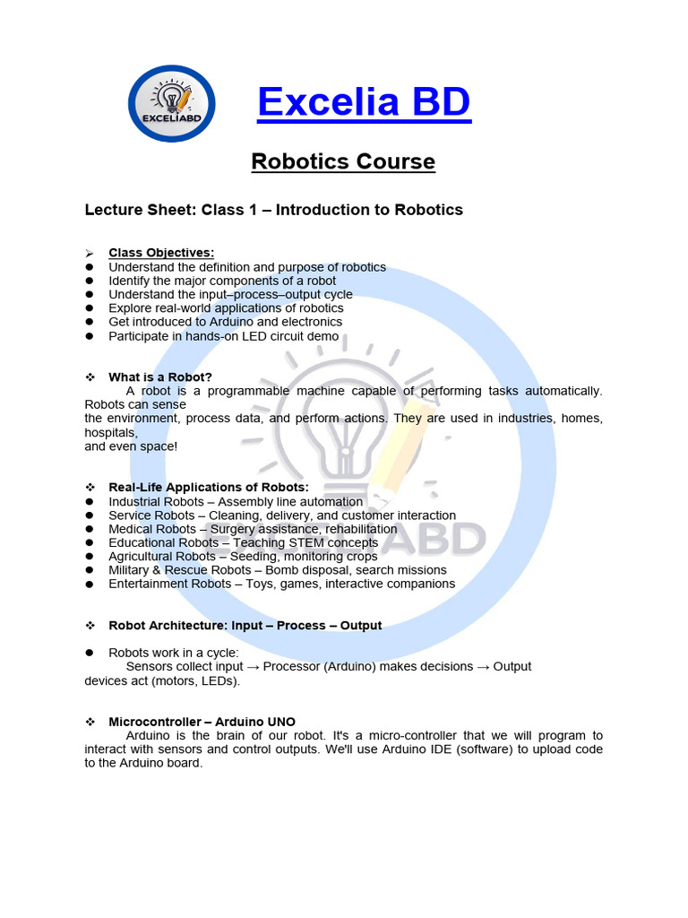 Excelia BD Robotics Class-01 | PDF | Arduino | Robot