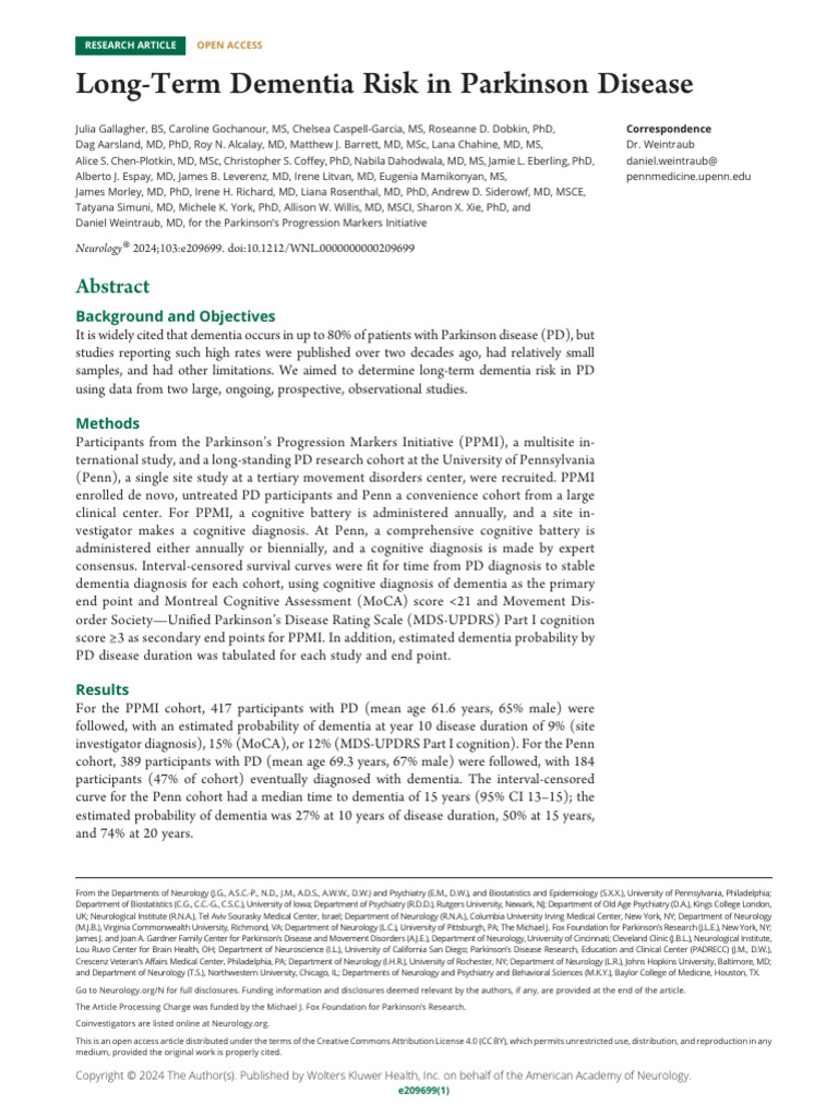 Long-Term Dementia Risk in Parkinson's Disease | PDF | Dementia ...