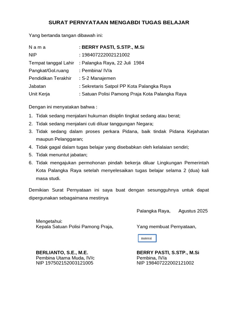 Surat Pernyataan Mengabdi Tugas Belajar | PDF