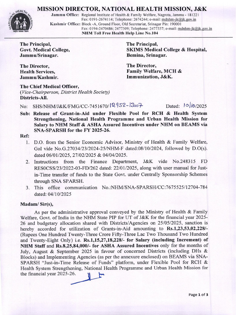 Release of GIA For Salary To NHM Staff Under NHM On BEAMS Via SNA ...