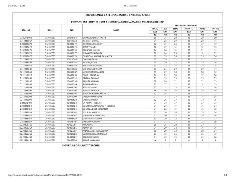 Provisional External Marks Sheet EE 3rd Sem | PDF