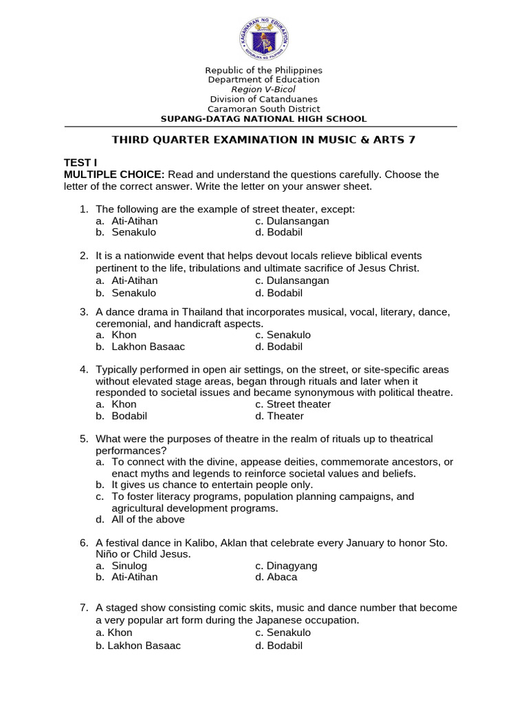 Music and Arts Exam for Grade 7 | PDF | Nutrition | Diet & Nutrition
