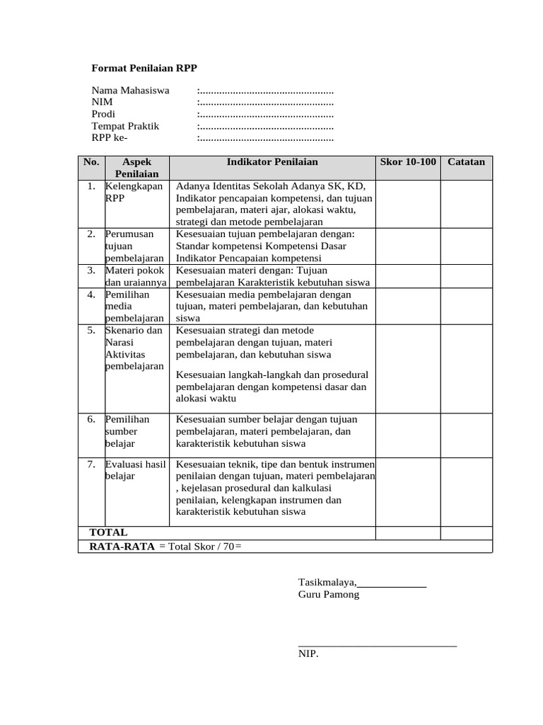 Format Penilaian RPP dan Praktik Mengajar | PDF