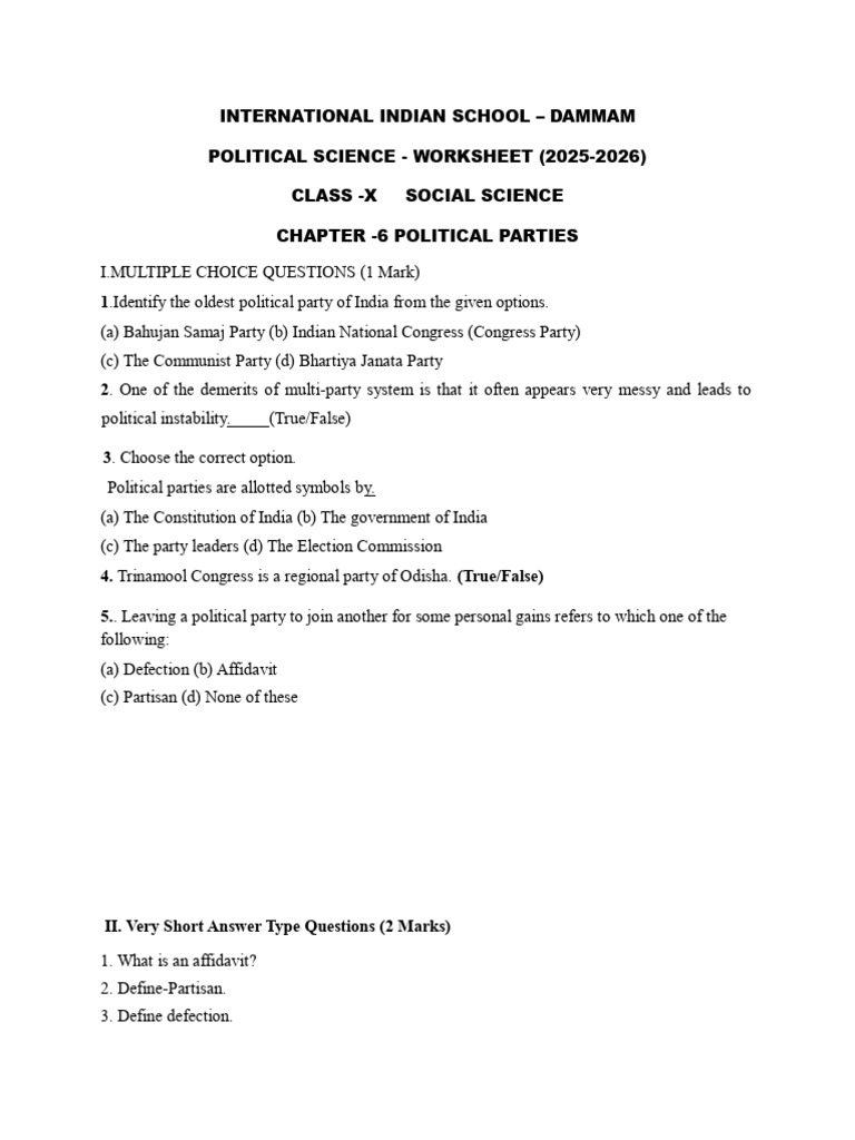 Political Parties Worksheet for Class X | PDF | Government | Democracy
