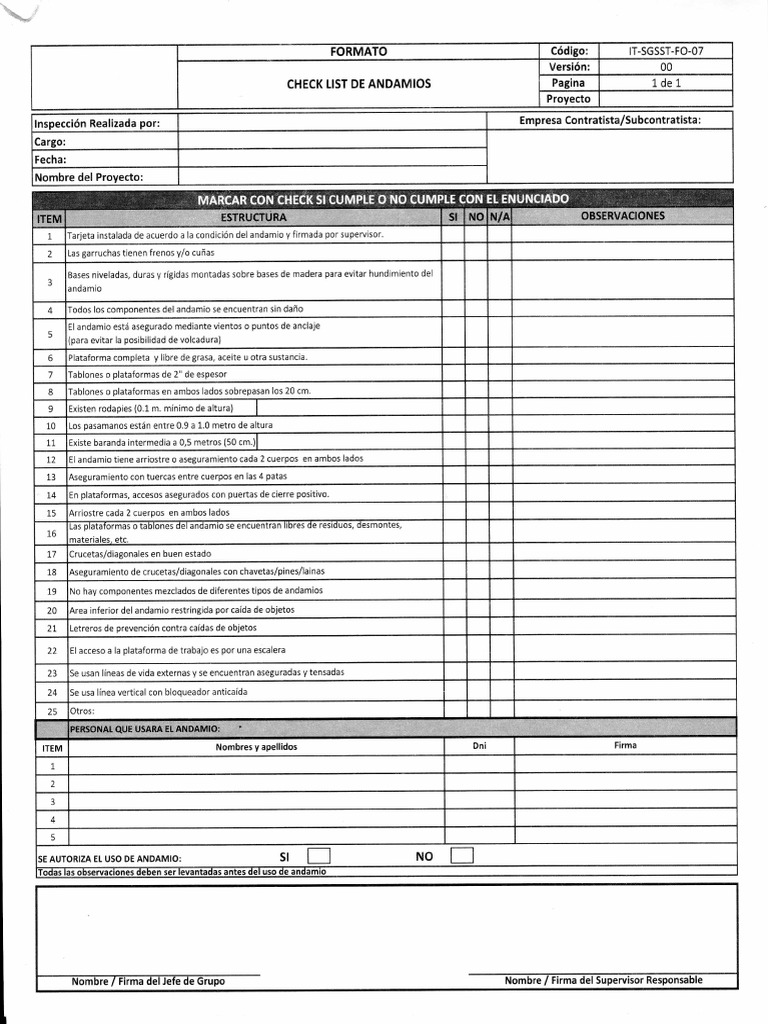 Checklist de Seguridad para Andamios | PDF