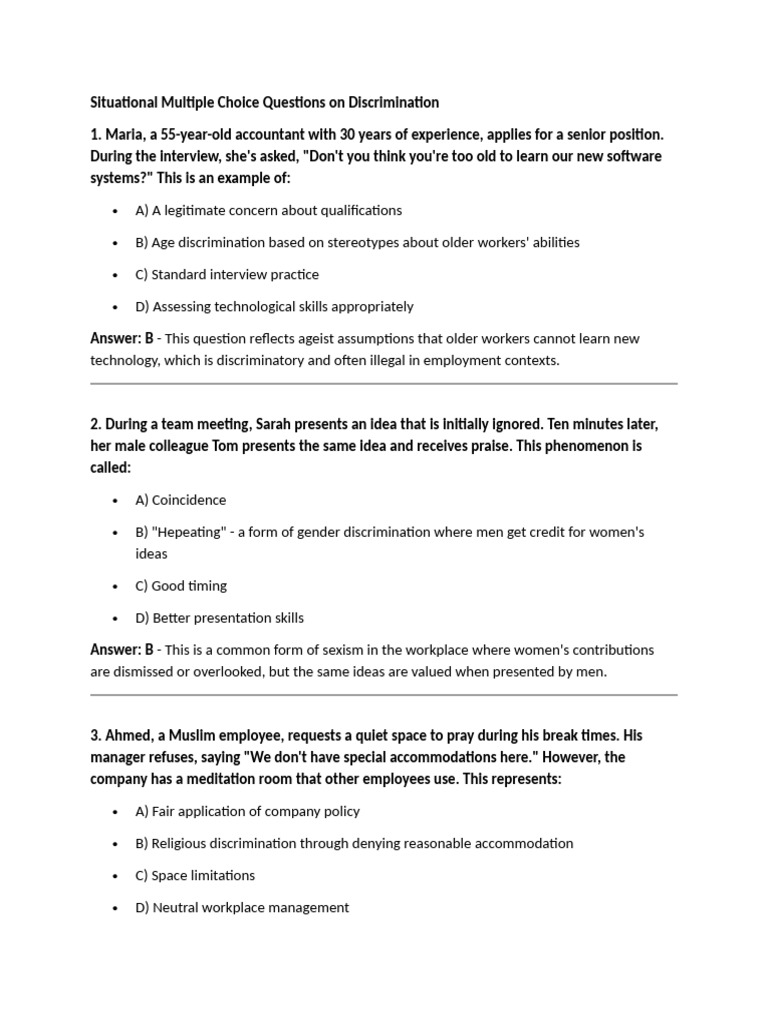 Situational Questions on Workplace Discrimination | PDF | Bias ...