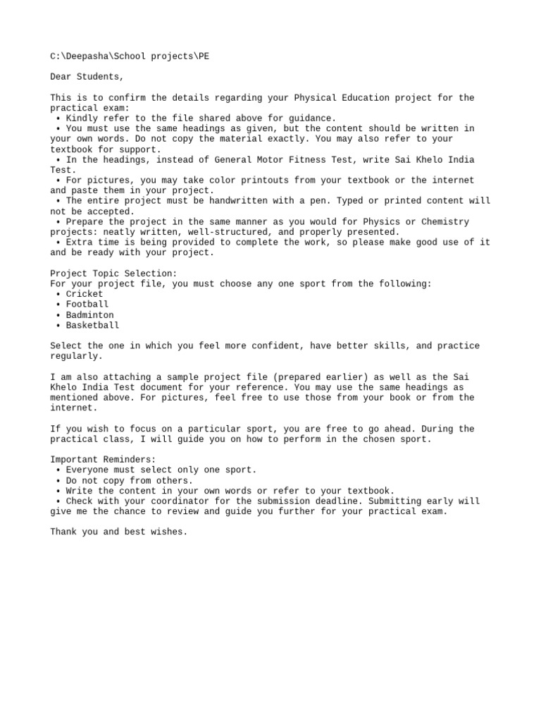 Physical Education Project Guidelines | PDF