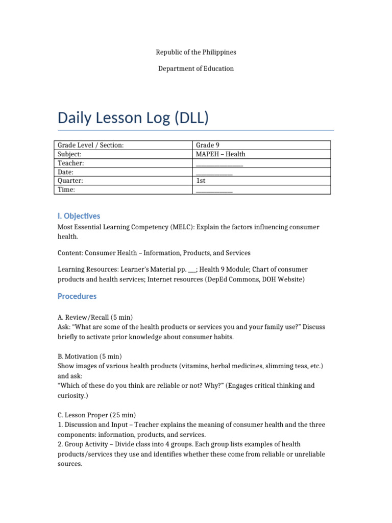 Grade 9 MAPEH Daily Lesson Log: Consumer Health | PDF | Learning ...