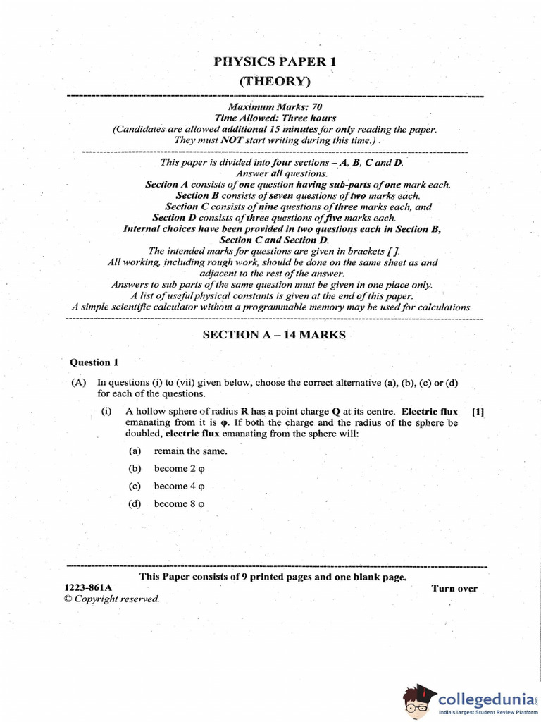 ISC Class 12 Physics Paper 1 Question Paper 2023 | PDF