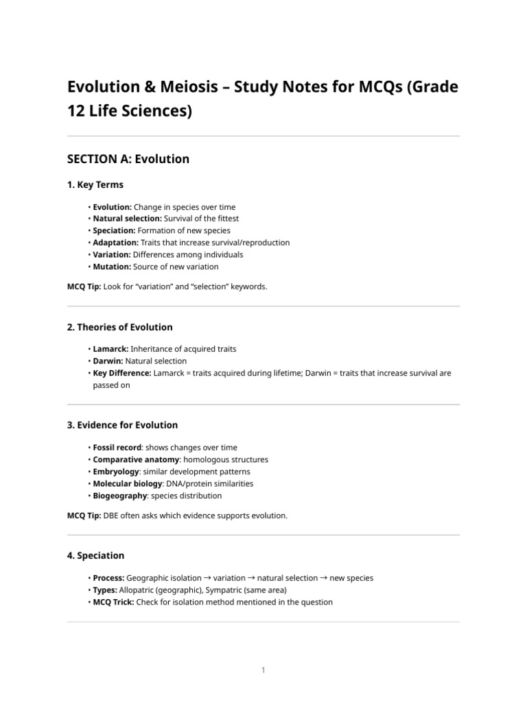 Evolution and Meiosis Study Guide for MCQs | PDF | Meiosis | Ploidy