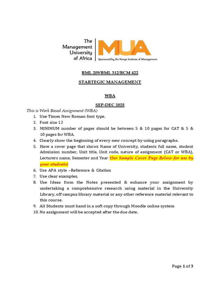 BML 209-Bml 312 - BCM 422 Wba Sep-Dec 2025 | PDF | Strategic Management