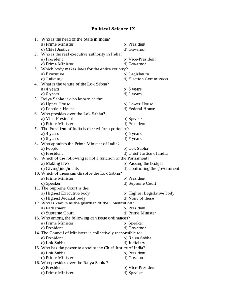 Indian Political Science Quiz Questions | PDF | Government Of India ...
