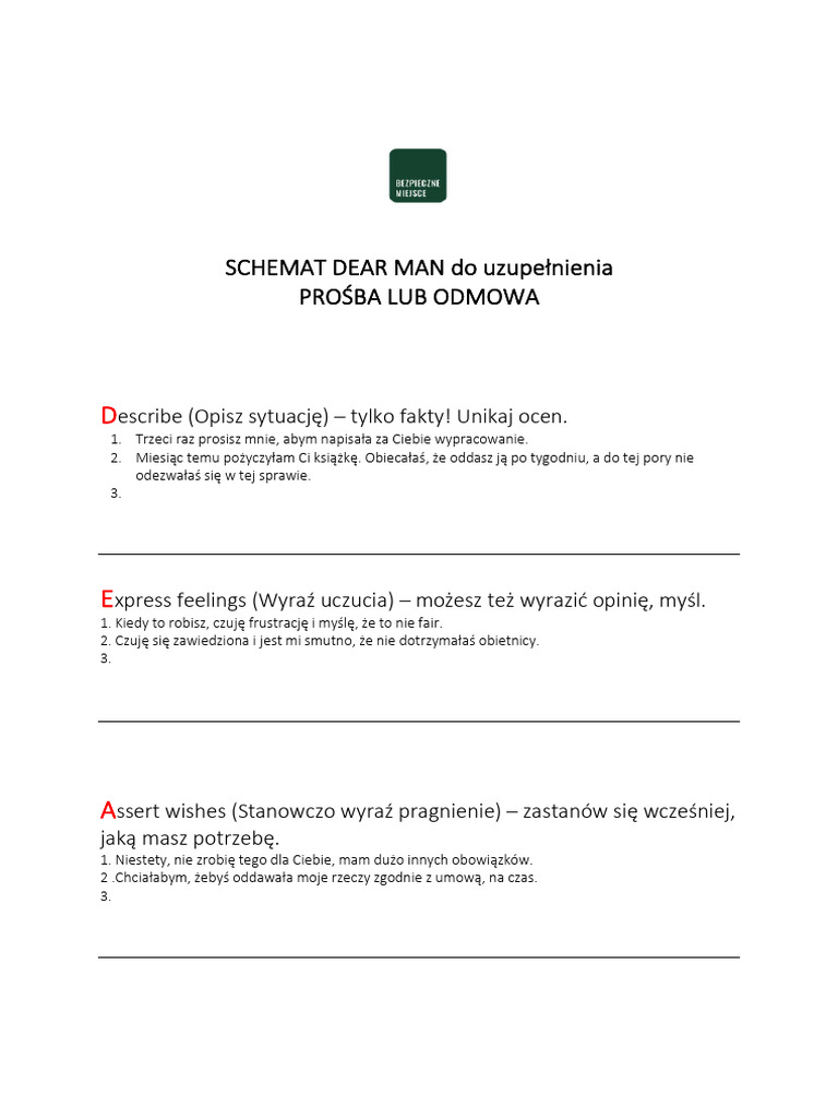 Schemat Dear Man Do Uzupełnienia | PDF