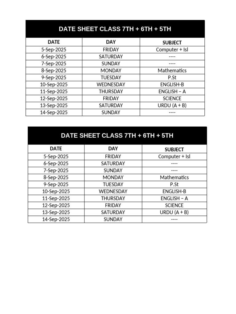 Date Sheet 7th | PDF