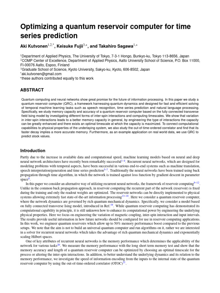 Optimizing A Quantum Reservoir Computer For Time Series Prediction ...