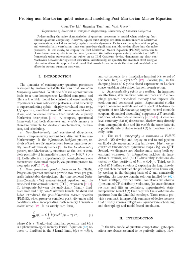 Probing Non-Markovian Qubit Noise and Modeling Post Markovian Master Equation | PDF | Quantum ...